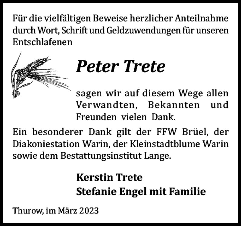 Traueranzeigen von Peter Trete | Trauer Nordkurier