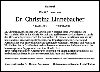 Traueranzeigen von Dr. Christina Linnebacher | Trauer Nordkurier