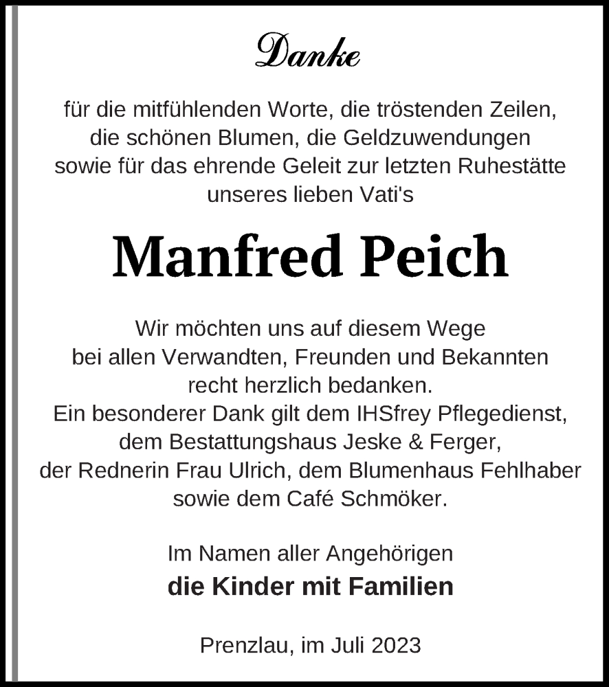 Traueranzeigen von Manfred Peich | Trauer Nordkurier