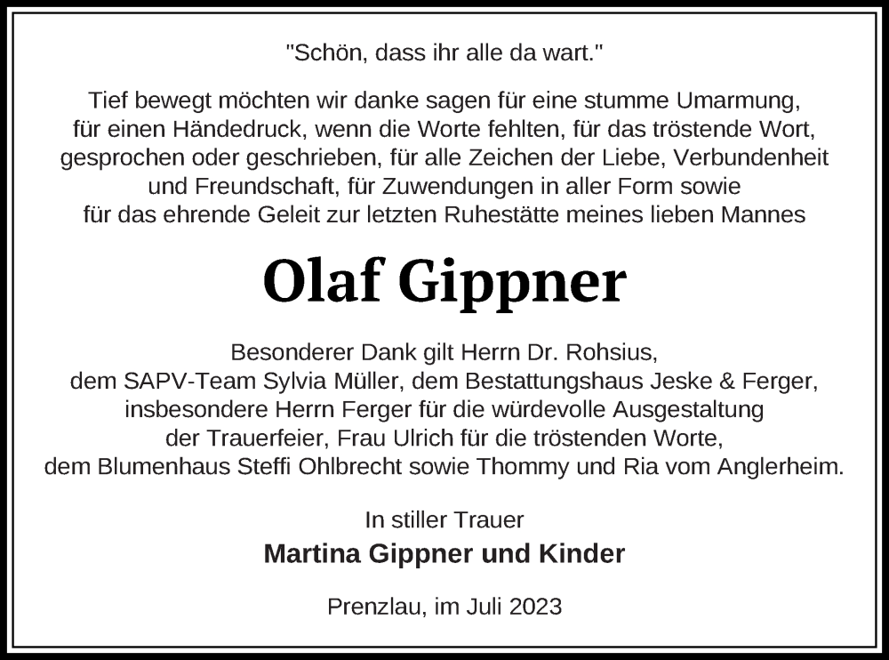 Traueranzeigen von Olaf Gippner | Trauer Nordkurier