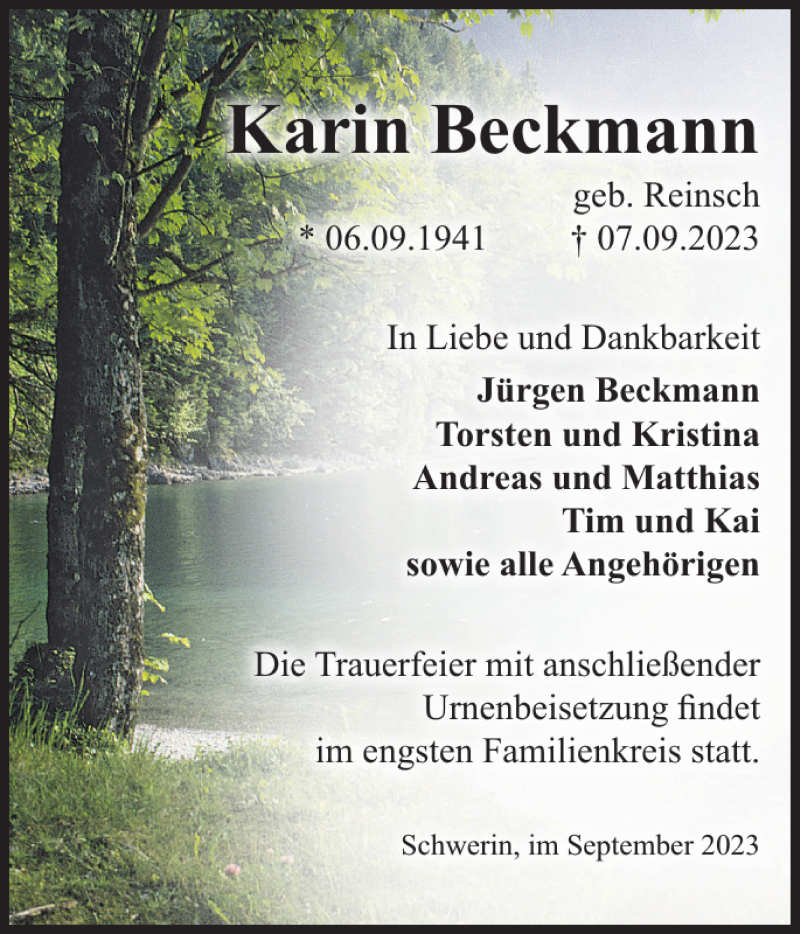 Traueranzeigen von Karin Beckmann | Trauer Nordkurier