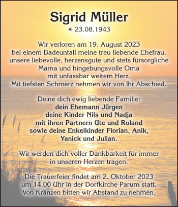 Traueranzeigen von Sigrid Müller | Trauer Nordkurier