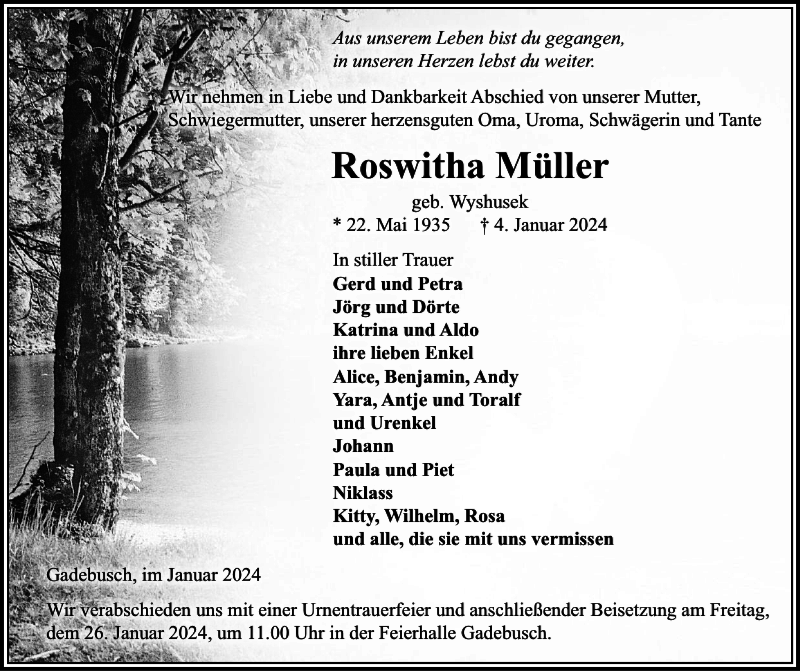 Traueranzeigen von Roswitha Müller | Trauer Nordkurier