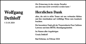 Traueranzeigen von Wolfgang Dethloff | Trauer Nordkurier