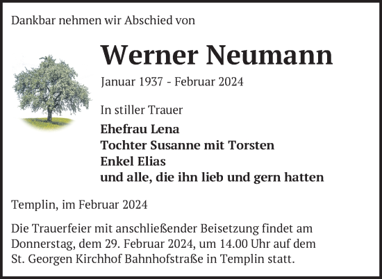 Traueranzeigen von Werner Neumann | Trauer Nordkurier