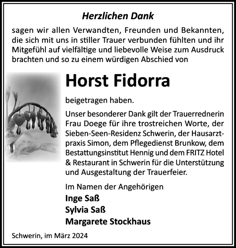 Traueranzeigen von Horst Fidorra | Trauer Nordkurier