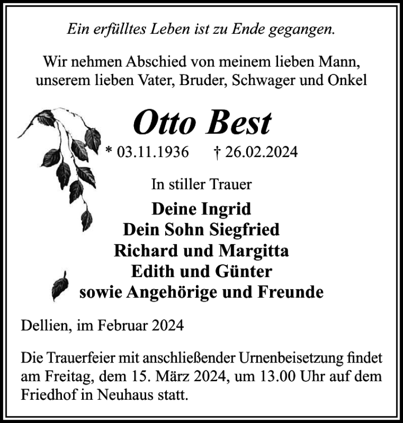 Traueranzeigen von Otto Best | Trauer Nordkurier