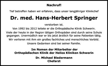Traueranzeigen von Dr. med. Hans-Herbert Springer | Trauer Nordkurier