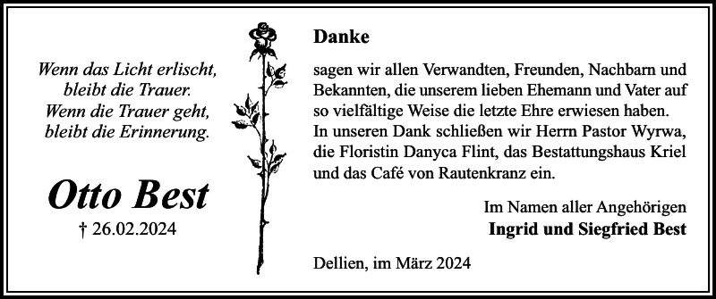 Traueranzeigen von Otto Best | Trauer Nordkurier