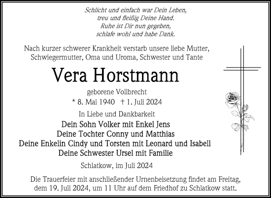 Traueranzeigen von Vera Horstmann | Trauer Nordkurier
