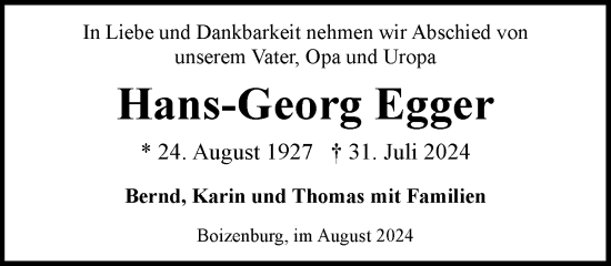 Traueranzeigen von Hans-Georg Egger | Trauer Nordkurier