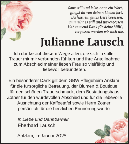 Traueranzeigen von Julianne Lausch | Trauer Nordkurier