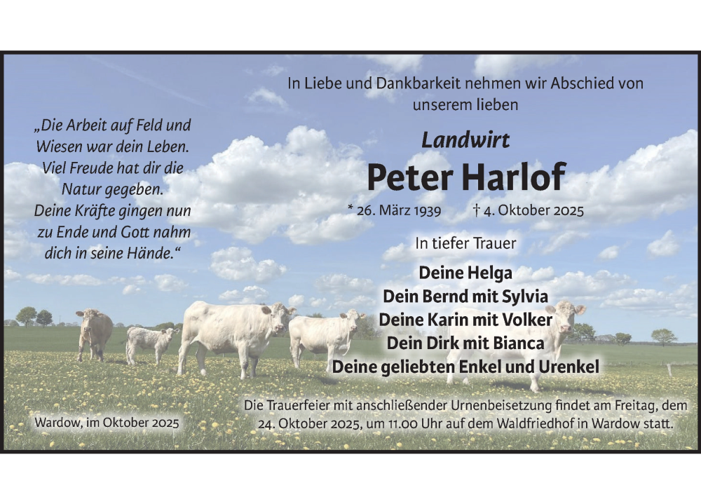 Traueranzeigen von Peter Harlof | Trauer Nordkurier