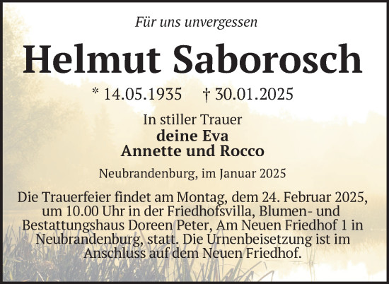 Traueranzeigen von Helmut Saborosch | Trauer Nordkurier