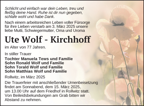 Traueranzeigen aus pasewalker-zeitung | Trauer Nordkurier