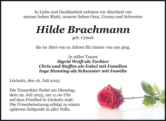 Traueranzeigen von Hilde Brachmann | Trauer Nordkurier