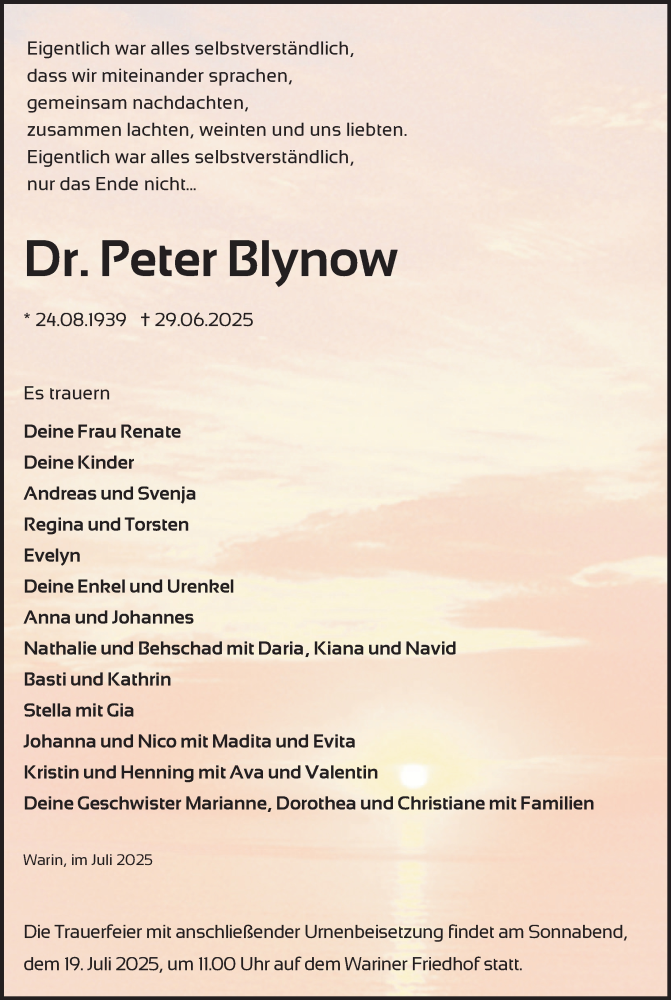 Traueranzeigen von Peter Blynow | Trauer Nordkurier