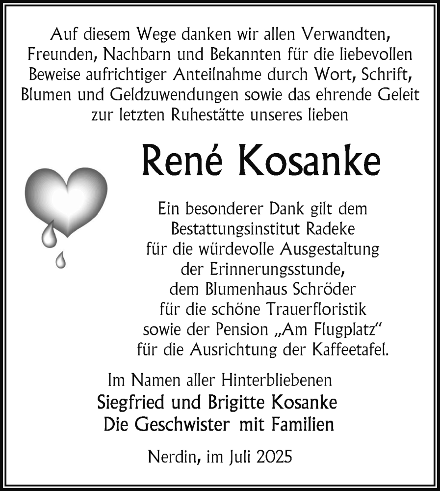 Traueranzeigen von Rene Kosanke | Trauer Nordkurier